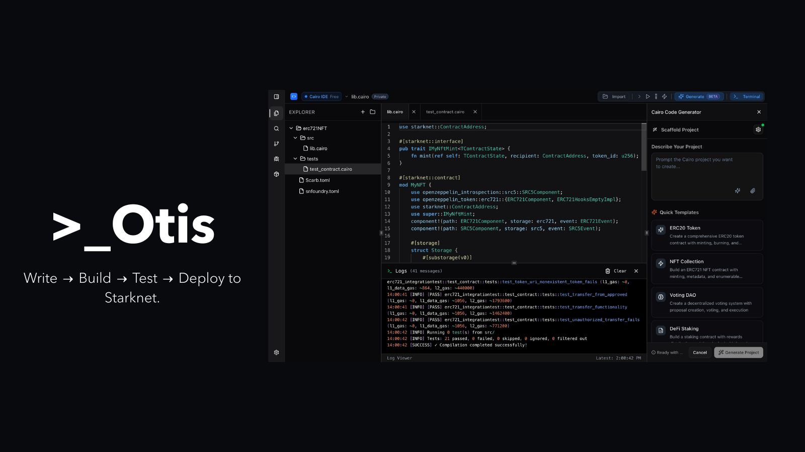 Otis Cairo Compiler - Compile Cairo Smart Contracts Instantly